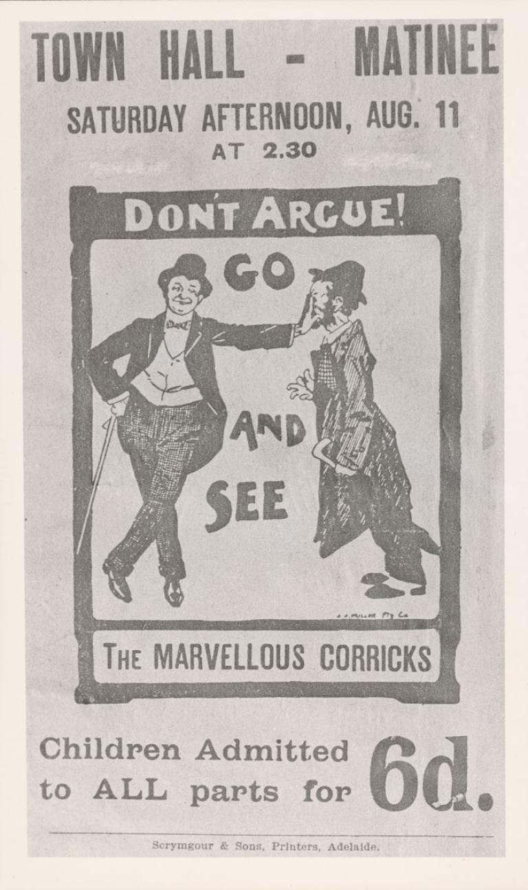 Poster promoting a Corrick matinee performance at the Town Hall ...