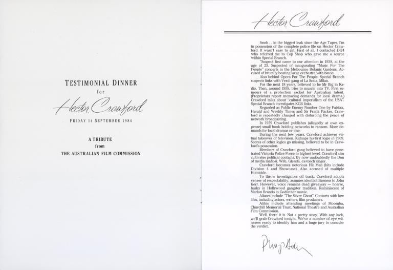 Testimonial Dinner for Hector Crawford, 14 September 1984 - Tribute by ...