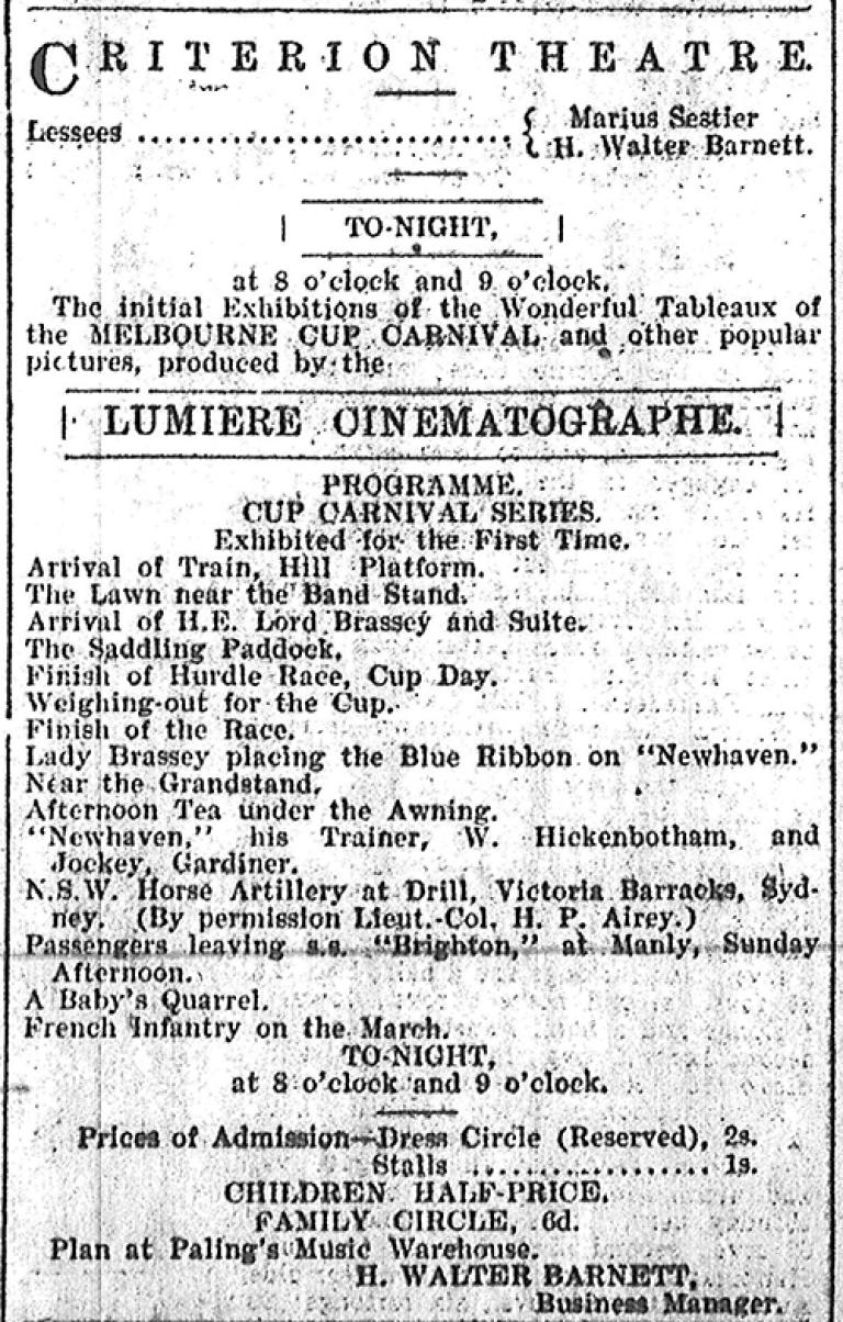 1896 Melbourne Cup screening advertisement, 'Daily Telegraph' 23 ...