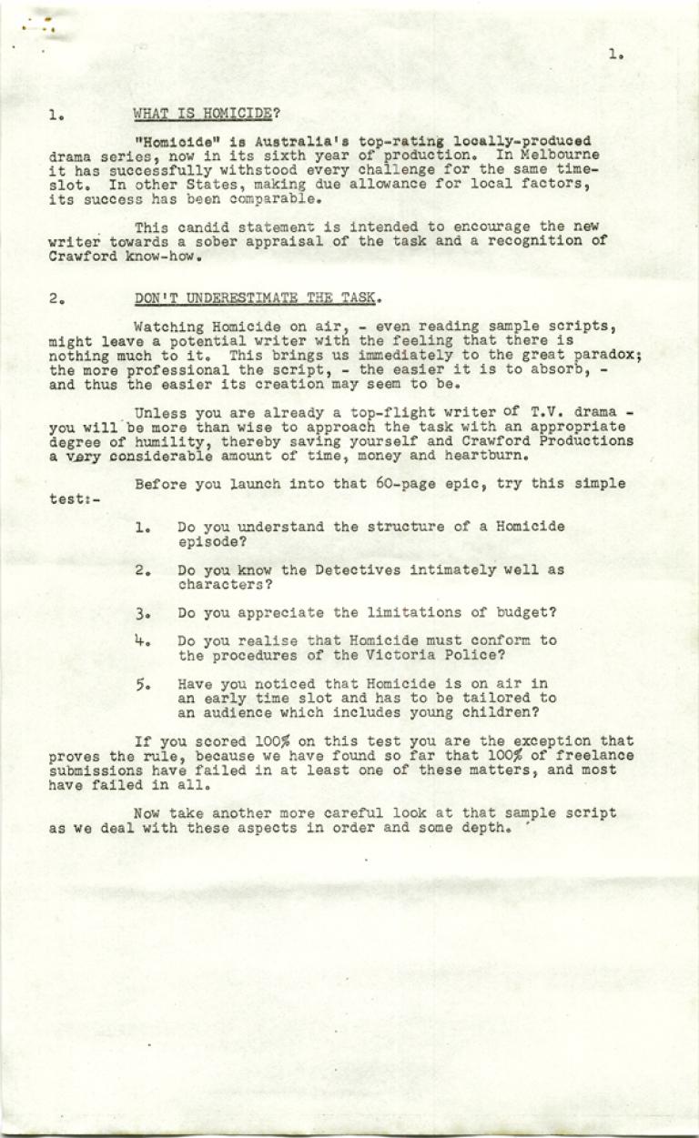 Homicide scriptwriter guide page 1 | National Film and Sound Archive of ...